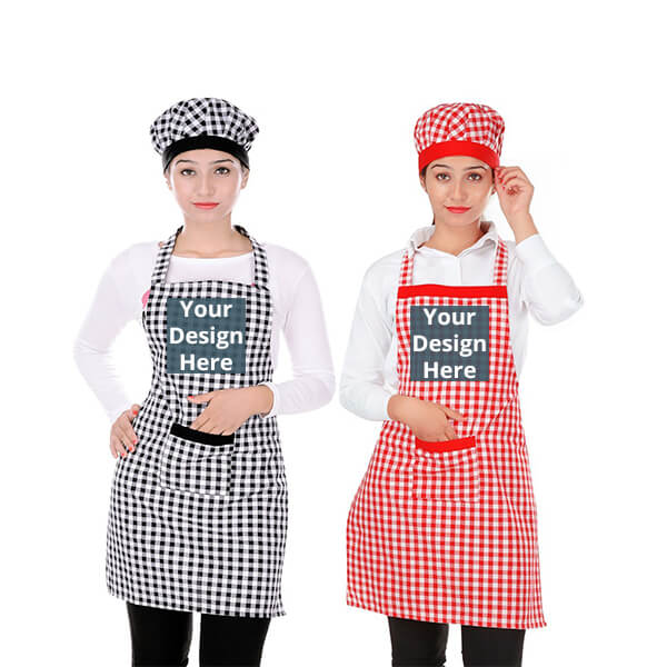 Buy Black Red Customized Cotton Checkered Apron with Cap | yourPrint